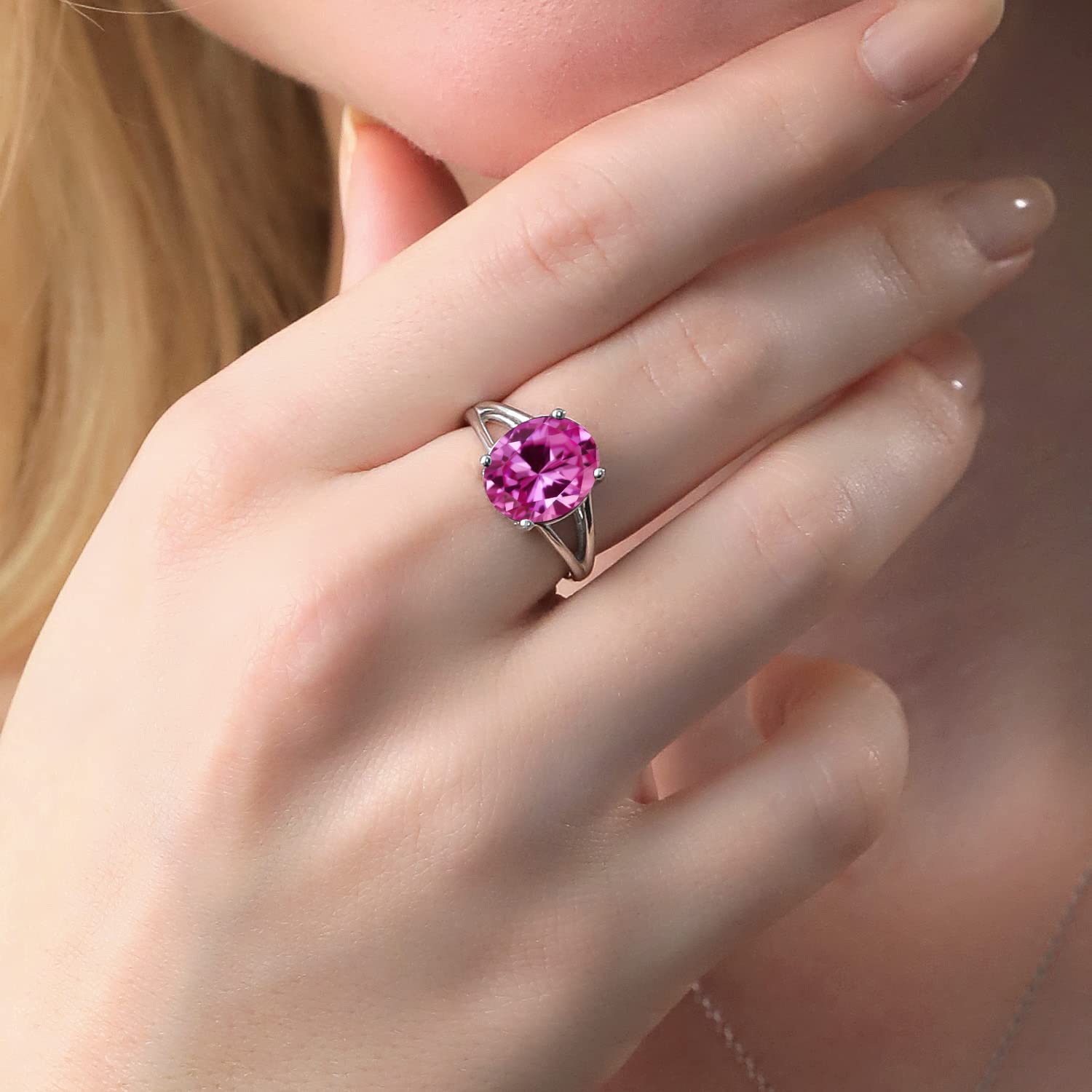 Gem Stone King 925 Sterling Silver Pink Created Sapphire Ring For Women (7.50 Cttw, Gemstone September Birthstone, Oval 12X10MM, Available In Size 5,6,7,8,9)
