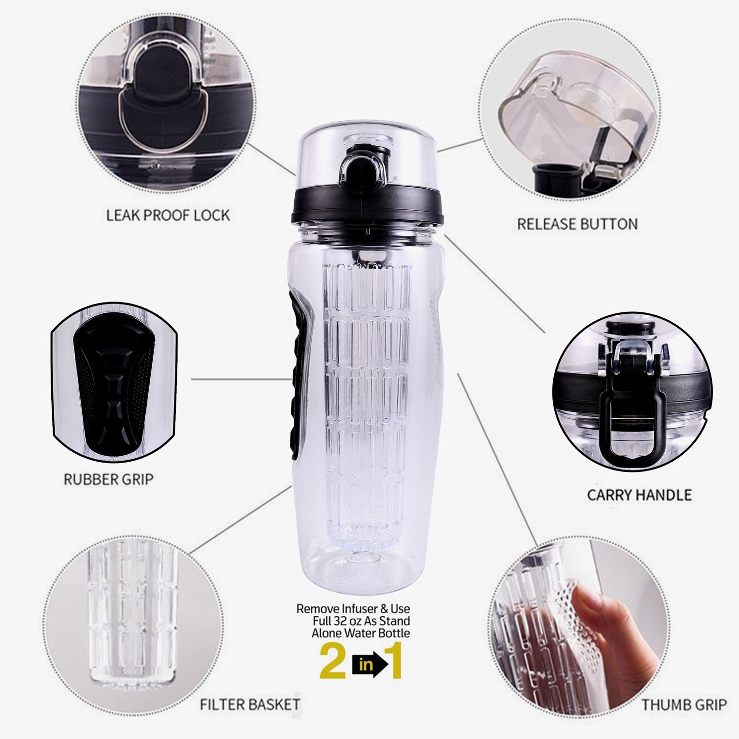 Fruit Infuser Water Bottle 32oz Willceal- Durable, Large - BPA Free Tritan, Flip Lid, Leak Proof Design - Sports, Camping (Dark Red)