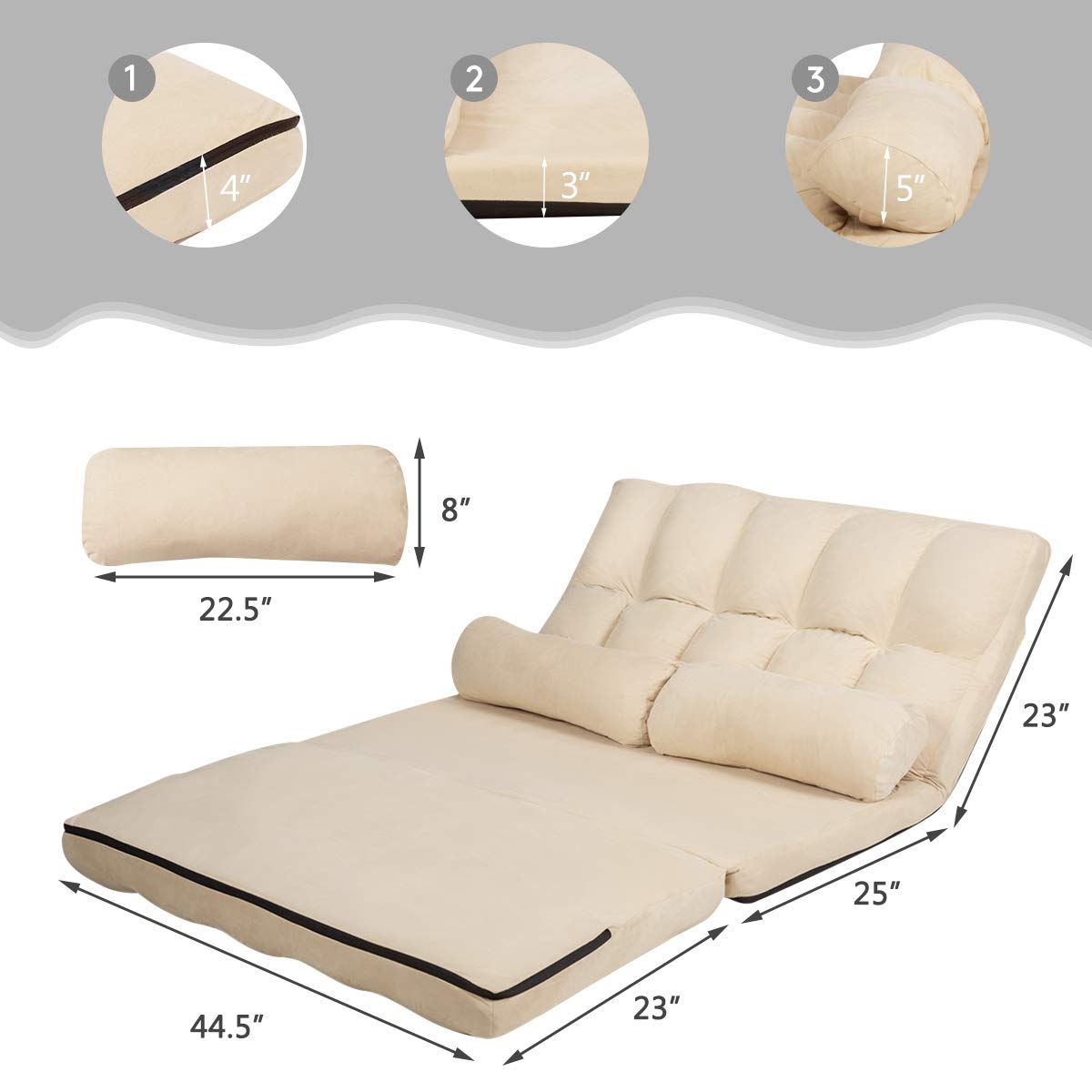 Giantex Adjustable Floor Sofa, Foldable Lazy Sofa Sleeper Bed 6-Position Adjustable, Suede Cloth Cover, Floor Gaming Sofa Couch with 2 Pillows for Bedroom/Living Room/Balcony (Beige)