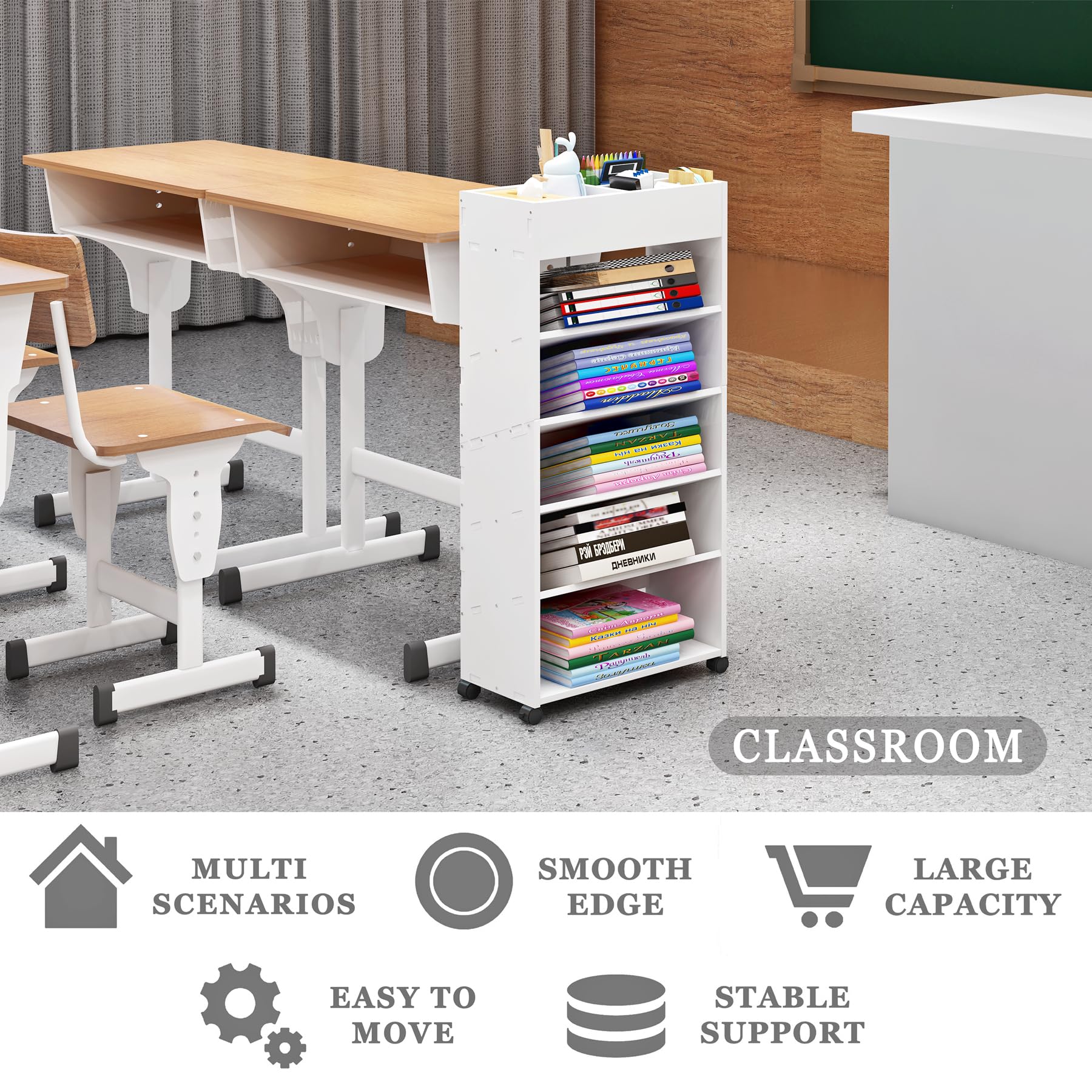 HAYOFAMY 6-Tier Rolling Book Cart, Mobile Bookshelf with Wheels, File Folder Utility Organizer for Study Office Living Room Classroom, White