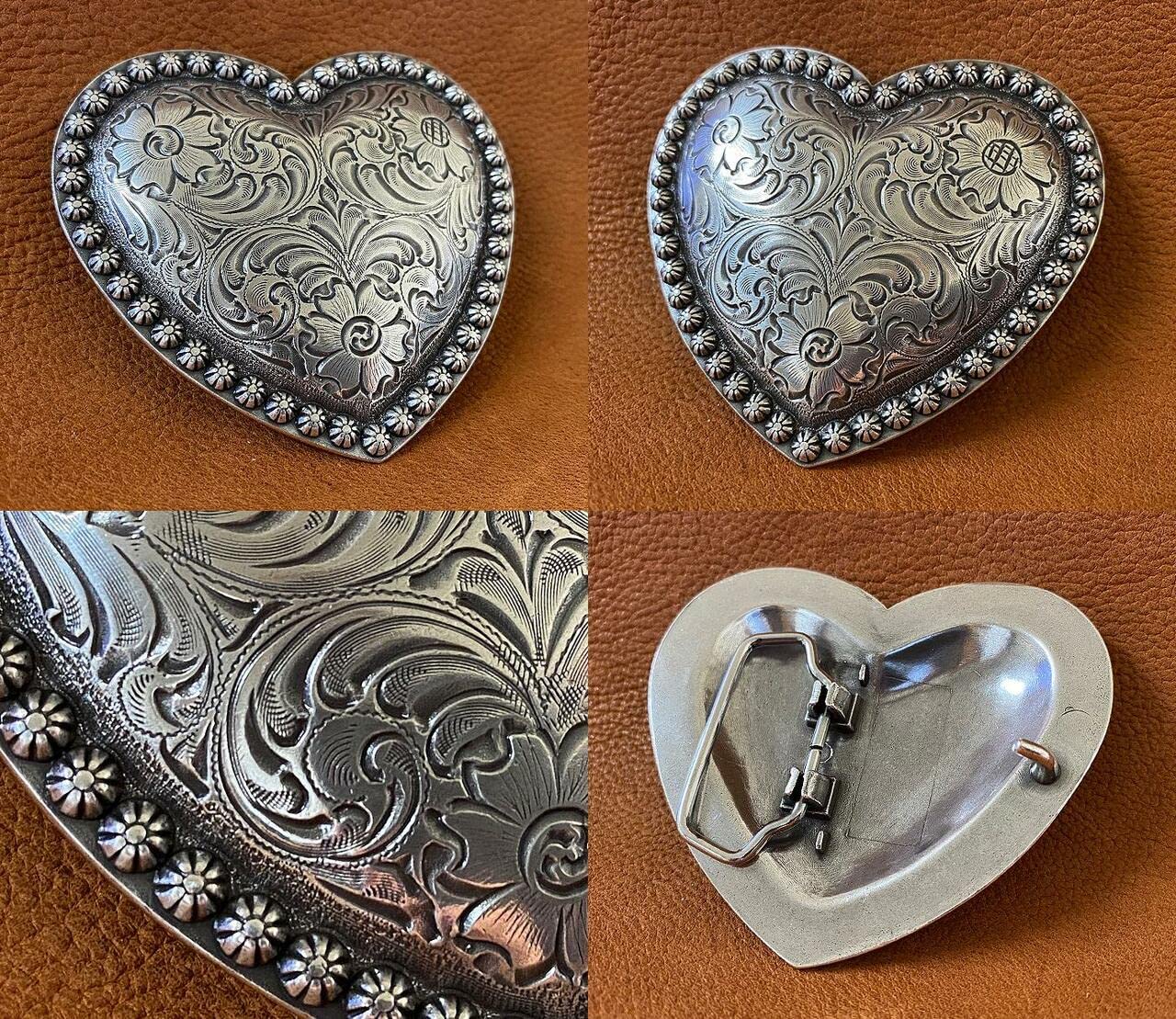 HA0478 Antique Floral Engraved Heart Berry Belt Buckle Fits 1-1/2"(38mm) Belt (Antique Silver)