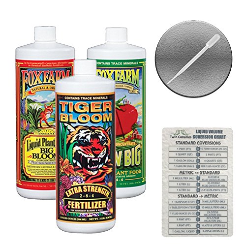 Fox Farm Liquid Nutrient Trio Soil Formula: Big Bloom, Grow Big, Tiger Bloom (Pack of 3-32 oz Bottles) 1 Quart Each + Twin Canaries Chart & Pipette
