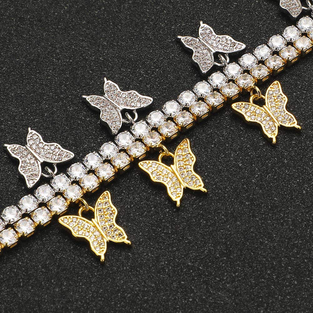 Jacruces Butterfly Necklace Tennis Chain Butterfly Choker Bling Iced CZ Butterfly Necklace Silver Women (16, 3mm-Silver)