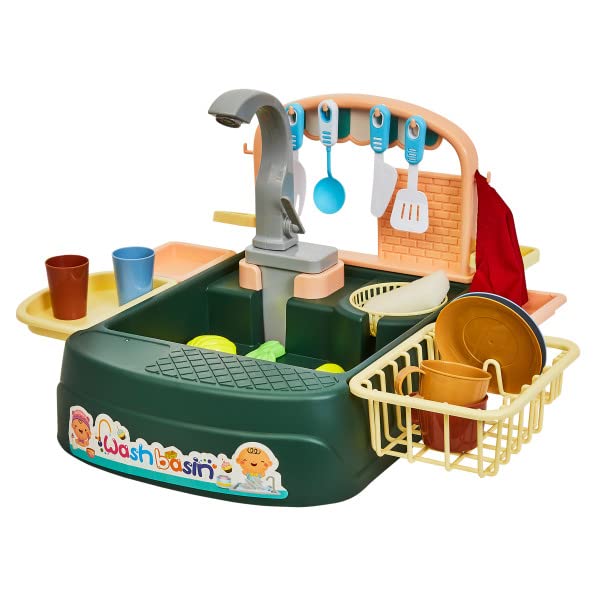 Hey! Play! Play Kitchen Set for Kids โ Functional Sink Water Toy with Automatic Cycling System โ Dishwashing Playset with Fun Accessories