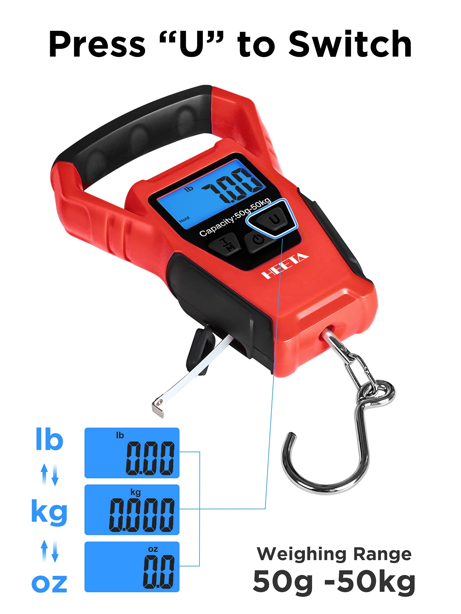 HEETA Waterproof Fish Scale Digital with Backlit LCD Display, 110lb/50kg Portable Hanging Scale Fishing Scale for Home and Outdoor, Measuring Tape and 2 AAA Batteries Included (Red)