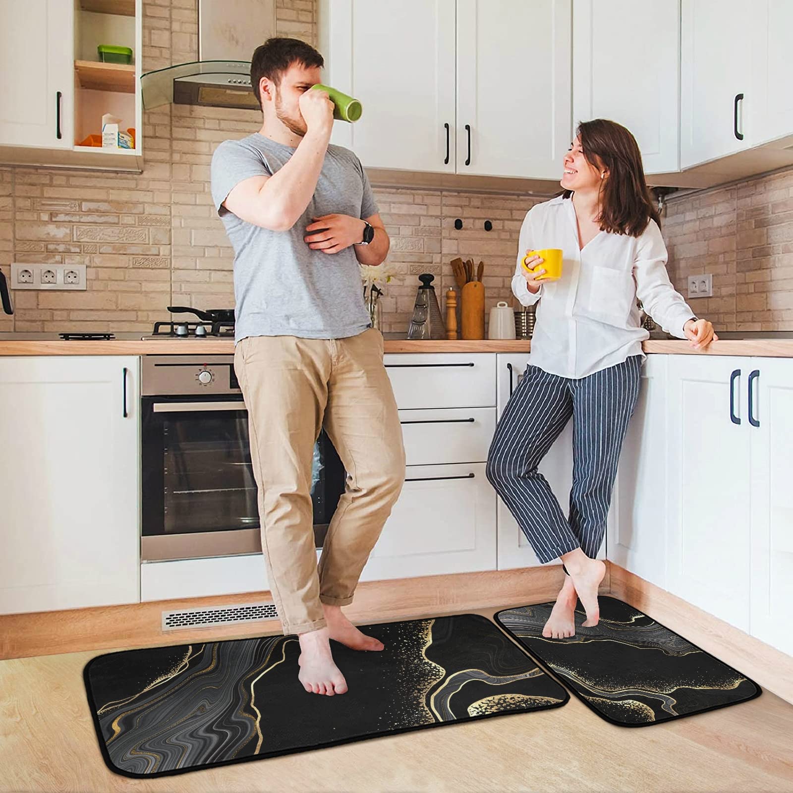 Kitchen Mats Rugs 2 Piece Set Bath Mat Antifatigue Cushioned Gold Black Marble for Floor Non Slip Washable (color4)