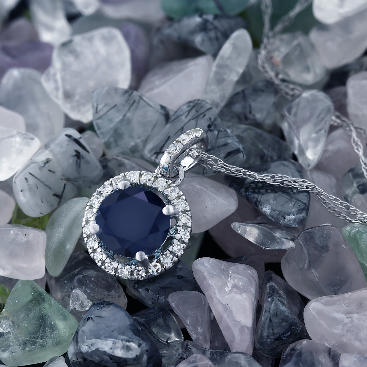 Gem Stone King 14K White Gold Blue Sapphire and Diamond Pendant Necklace For Women (1.17 Cttw, Round Cut 6MM, Gemstone Birthstone, with 18 Inch Chain)