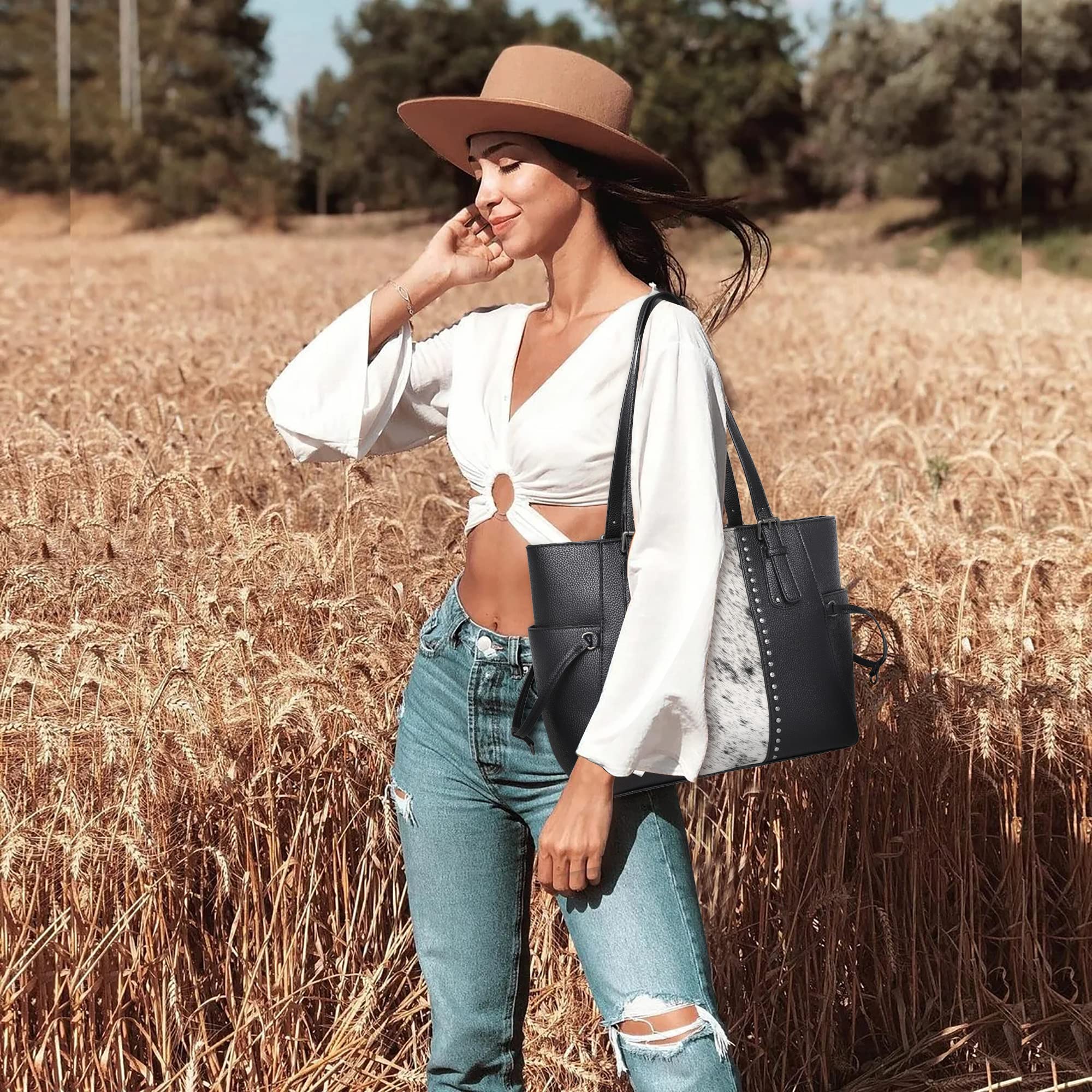 Hair on Hide Leather Large Totes Women's Purses and Handbags Concealed Carry Shoulder Purse with Studs Black Handbag TR132G-8317BK