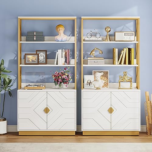 Tribesigns White and Gold Bookshelf with Doors: 70.9 Inches Tall Etagere Bookcase with 3 Shelves 2 Cabinets, Modern Open Display Book Shelves with Metal Frame for Living Room Bedroom Office
