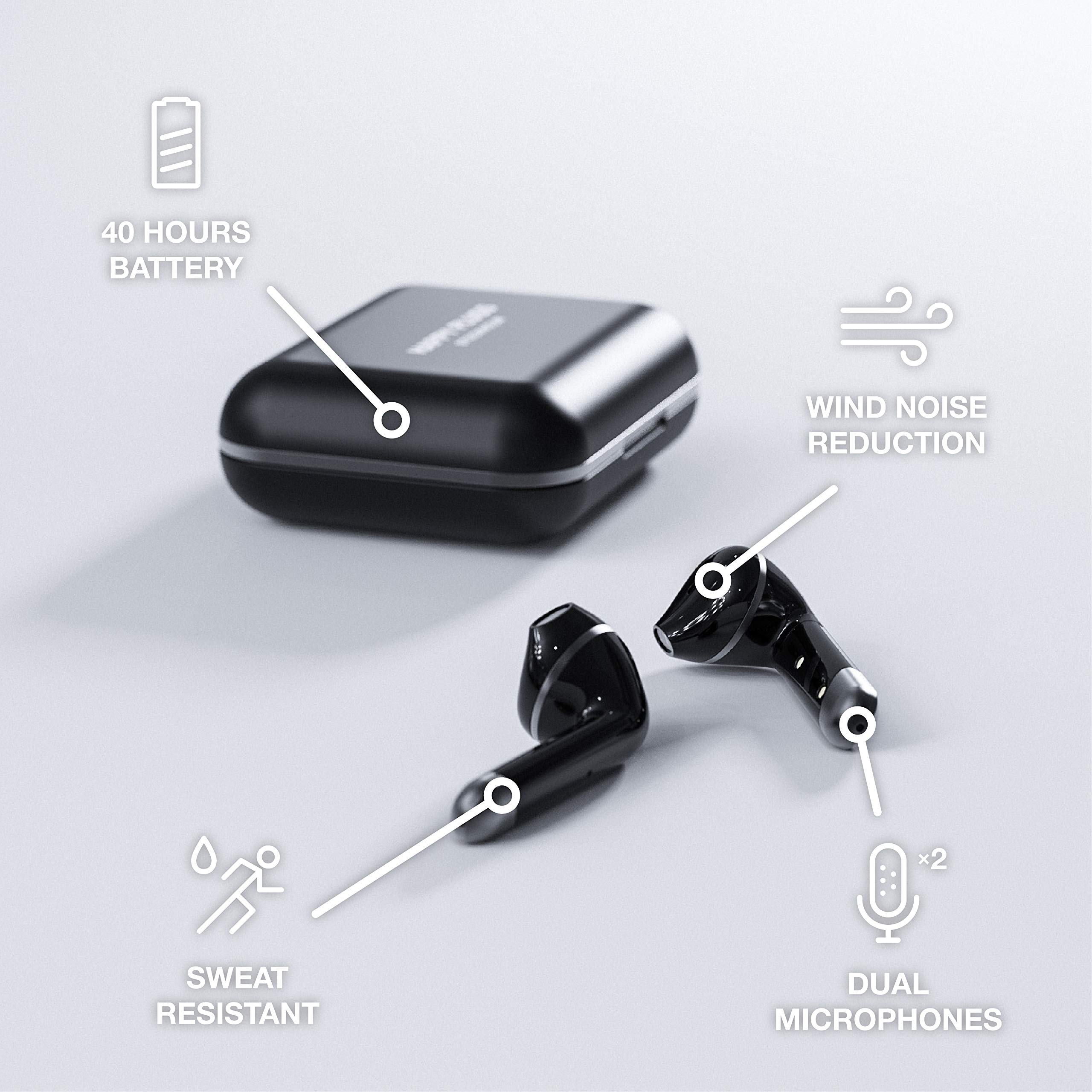 Happy Plugs Air 1 Plus – Luxury Wireless Earbuds – Design Bluetooth Headphones with Charging Case and Built-in Microphones – Up to 40 Hours Playtime – Black