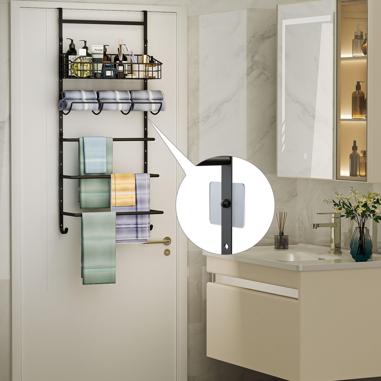 X-cosrack Adjustable Towel Racks for Bathroom Door Hanging, 5 Tiers Over The Door Towel Rack with Hooks, Bathroom Towel Holder Wall Mount for organizing Towels,Clothes