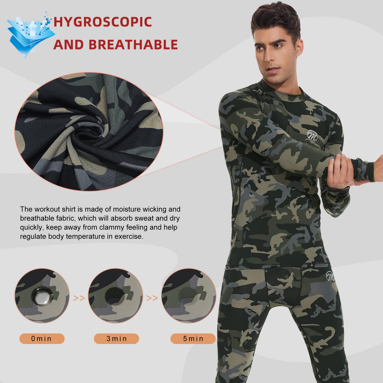 MeetHoo Men’s Thermal Underwear Set, Compression Base Layer Sports Long Johns Fleece Lined Winter Gear Running Skiing, Camo, Large