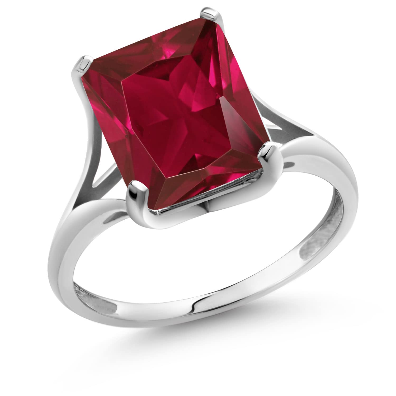 Gem Stone King 14K White Gold Red Created Ruby Solitaire Engagement Ring For Women (3.80 Cttw, Emerald Cut 10X8MM)