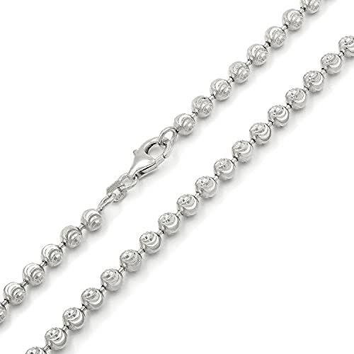 Giorgio Bergamo 925 Italian Sterling Silver 4mm Ball Bead Moon Cut Chain, Rhodium Dog Tag Solid Necklace, (24)