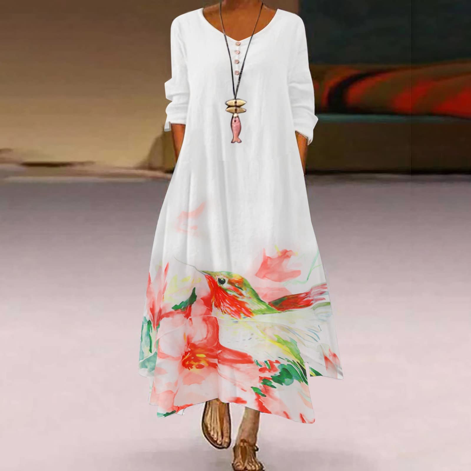 Jean Linen Dress for Women Summer 2023 Casual Long Sleeve V Neck Beach Irregular Loose Elegant Button Maxi Red