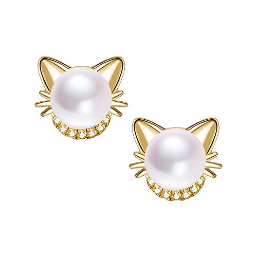 Gold Plated Freshwater Pearl Stud Earrings Cute Cat Earrings for Women Gift