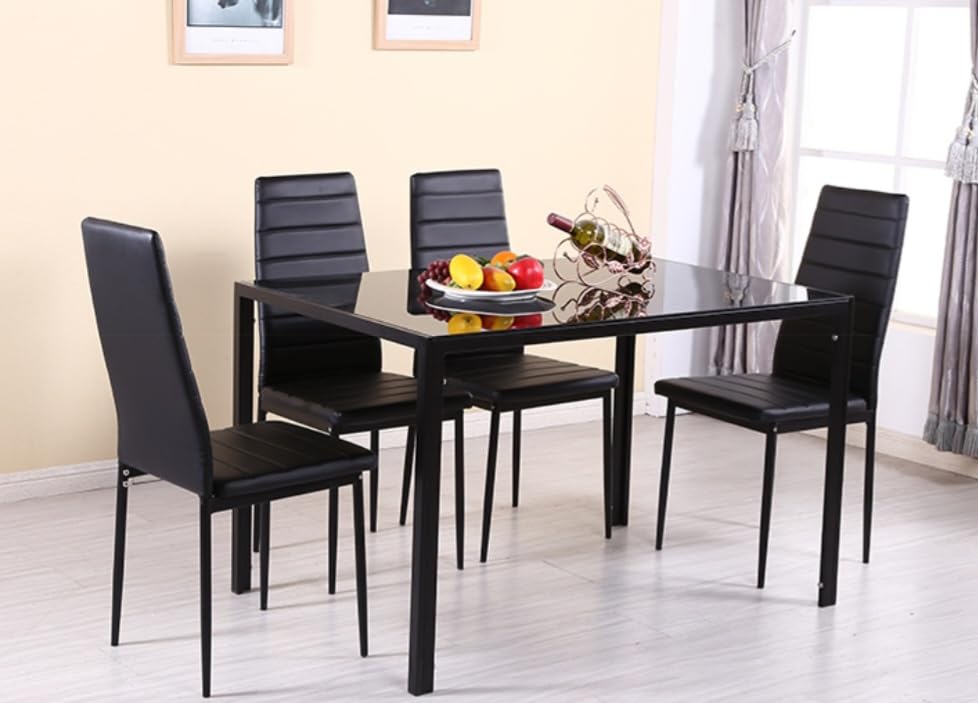 Wolfes Furniture 5-Piece Kitchen Dining Table Set for Dining Room, Kitchen, Dinette, Compact Space w/Glass Tabletop, 4 Leather Metal Frame Chairs - Black