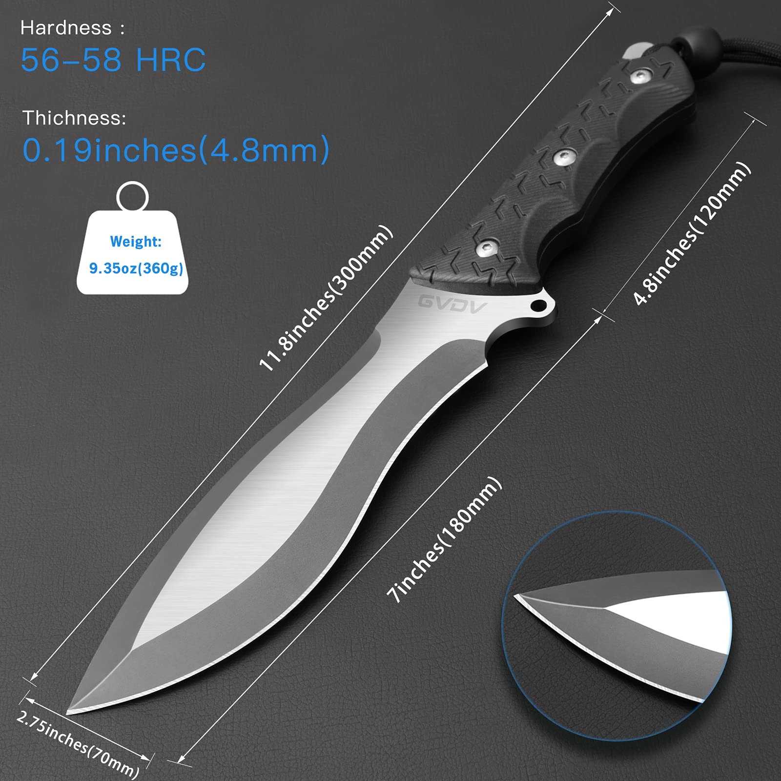 GVDV Full Tang Survival Knife with Decent Sheath - 11.8" Sturdiest Fixed Blade Knife with Paracord, Efficient Tactical Knife For Outdoors Hunting, Camping, Hiking, Gift Ideas for Dad Husband Men