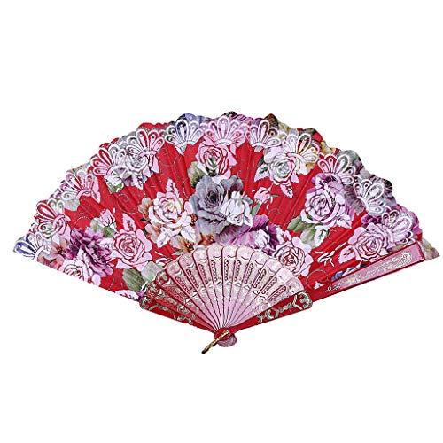 Hand Fans Folding fan Pattern Hand Fan Silk Bamboo Folding Hand Folded For Church Wedding dance party colorful Lace Silk Folding Handmade (Color : F)