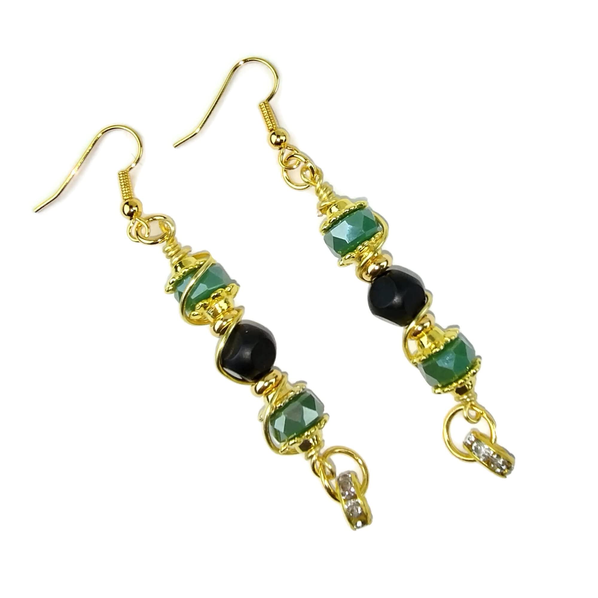 Gold, Black & Hunter Green Earrings - Nickel Free - Sparkling Beaded Jewelry - Gift for Women - Boho Style