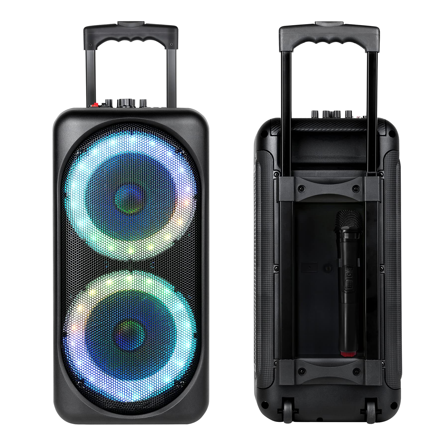 Karaoke Machine w. Microphone & Tablet Holder Rechargeable Wireless Portable Party Bluetooth Trolley Speaker Outdoor Amplifier System 8" x2 Dual Speakers 3-Side LED Disco Lights NuBoom