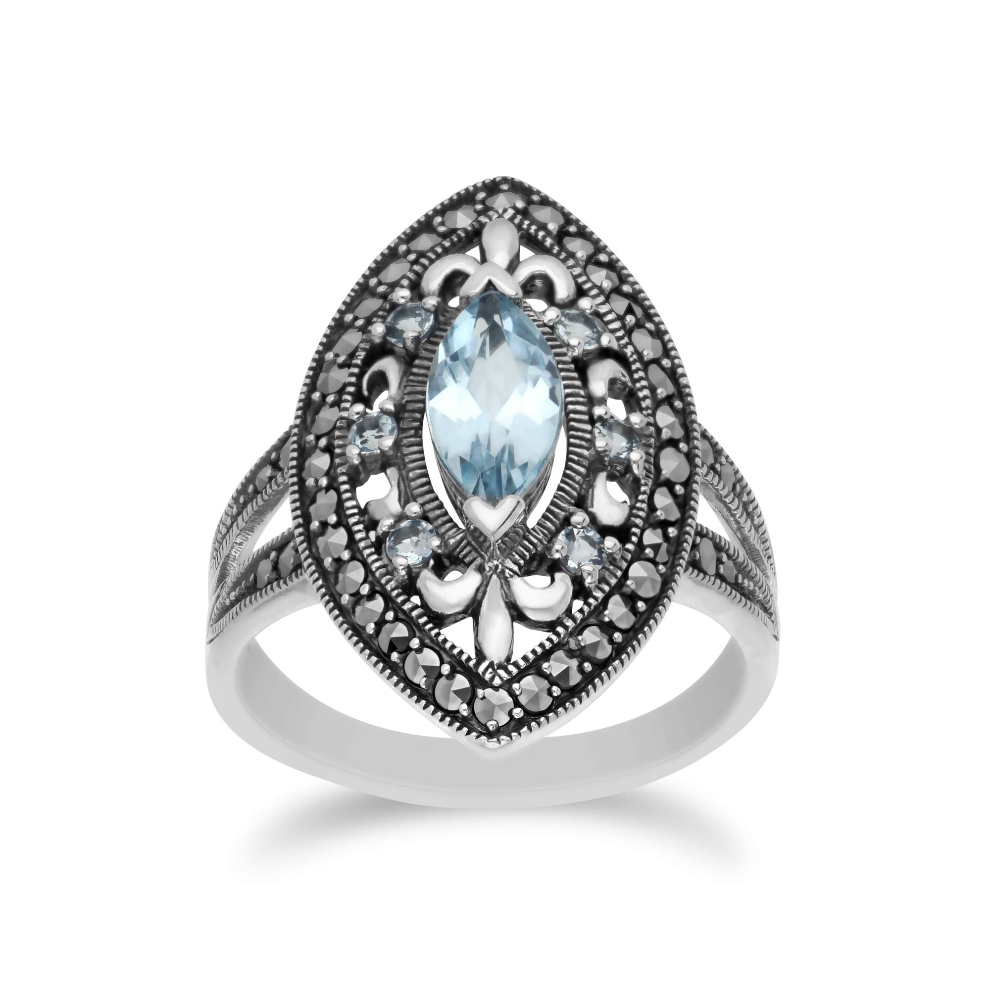 Gemondo USA 925 Sterling Silver 10x5mm Marquise Sky Blue Topaz & Marcasite Large Statement Ring