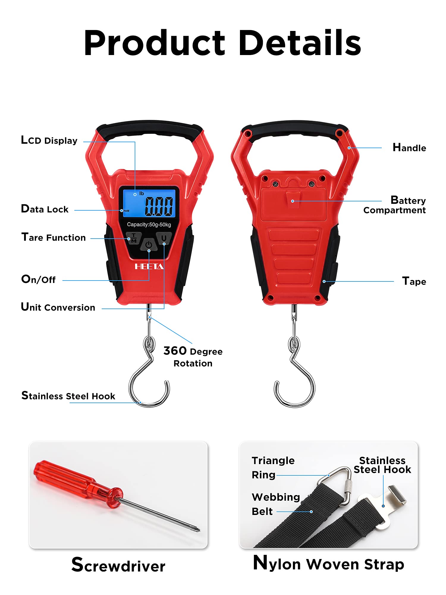 HEETA Waterproof Fish Scale Digital with Backlit LCD Display, 110lb/50kg Portable Hanging Scale Fishing Scale for Home and Outdoor, Measuring Tape and 2 AAA Batteries Included (Red)