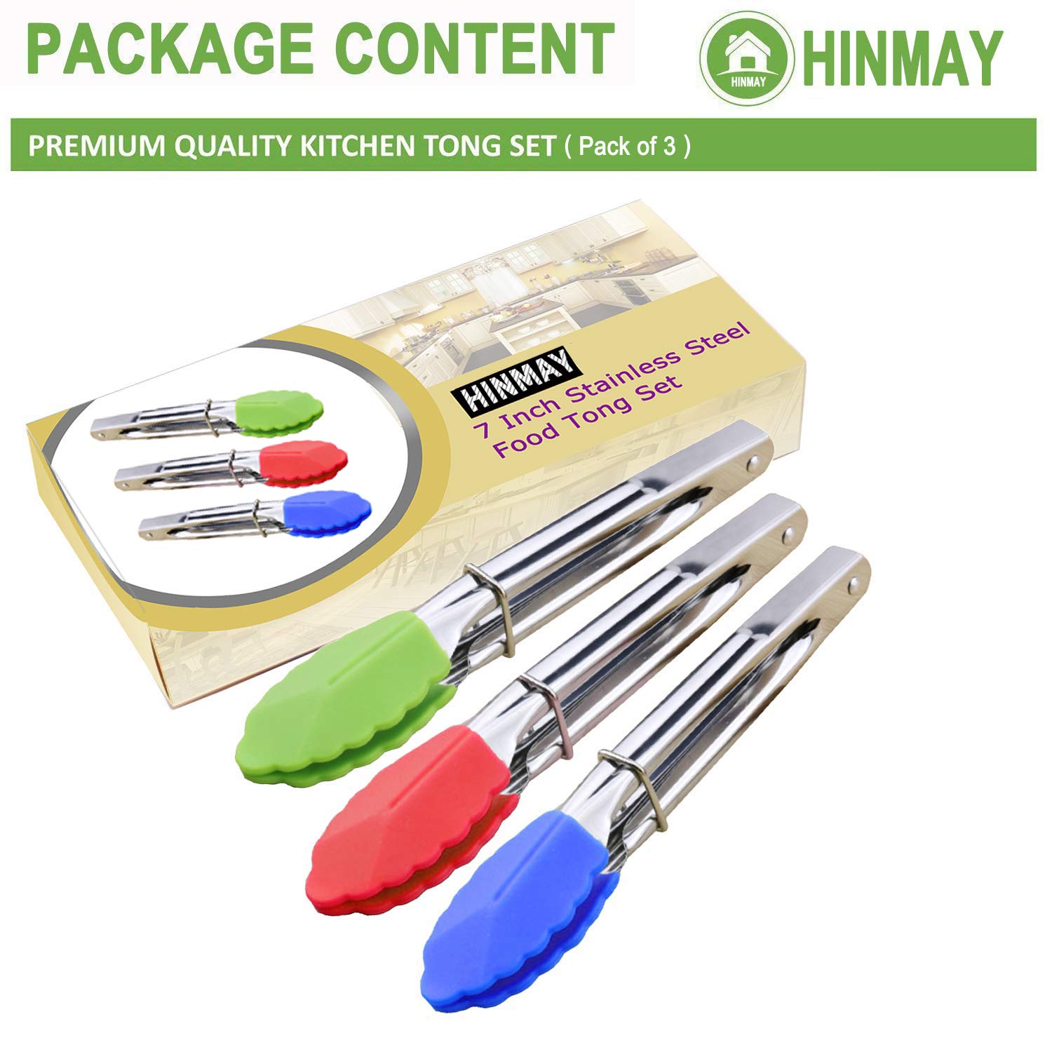 HINMAY Mini Tongs with Silicone Tips 7-Inch Serving Tongs, Set of 3 (Green Red Blue)