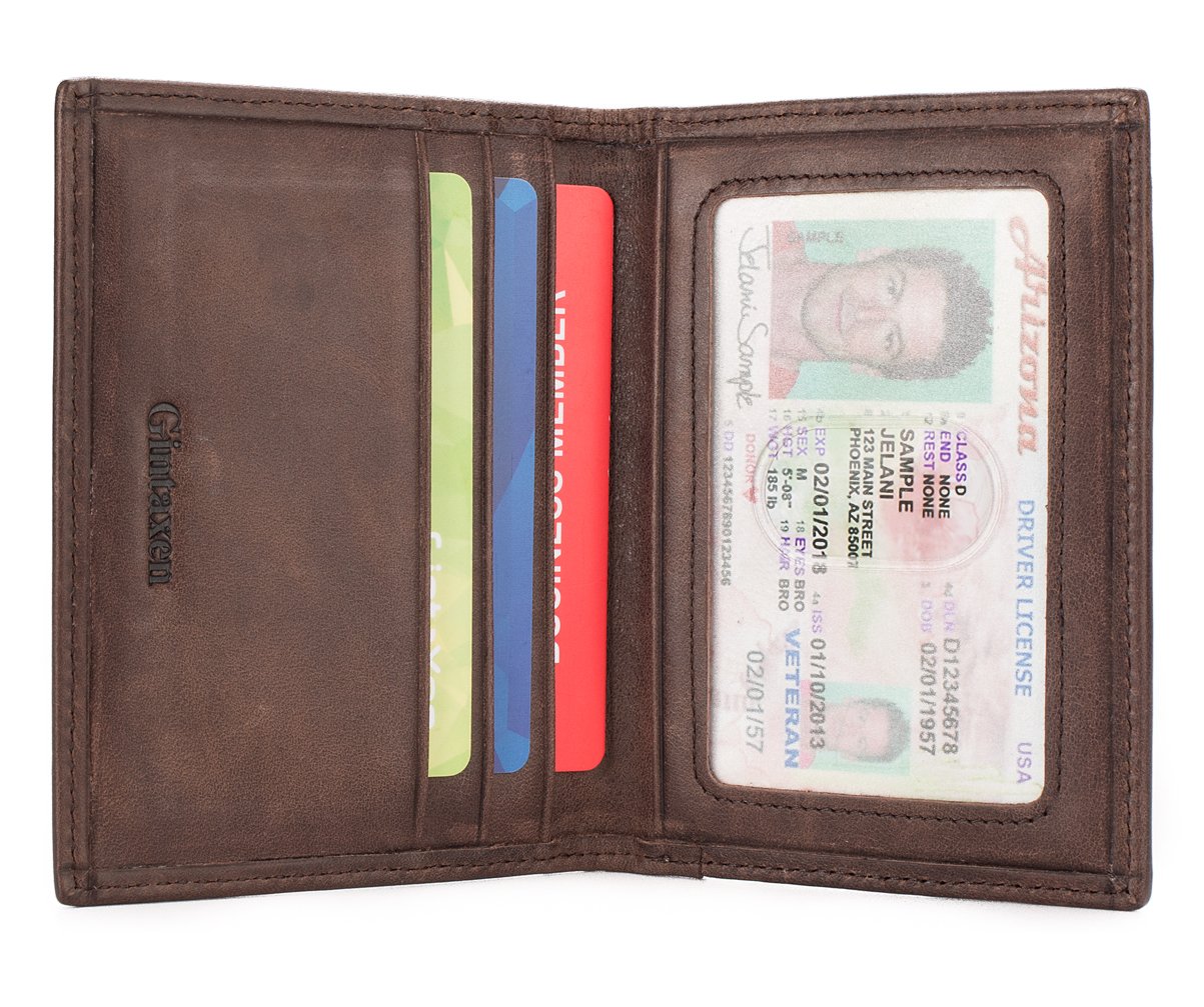 GintaXen Slim Leather Bifold Front Pocket Wallet Credit Card Holder with 2 ID Window RFID Blocking - Coffee
