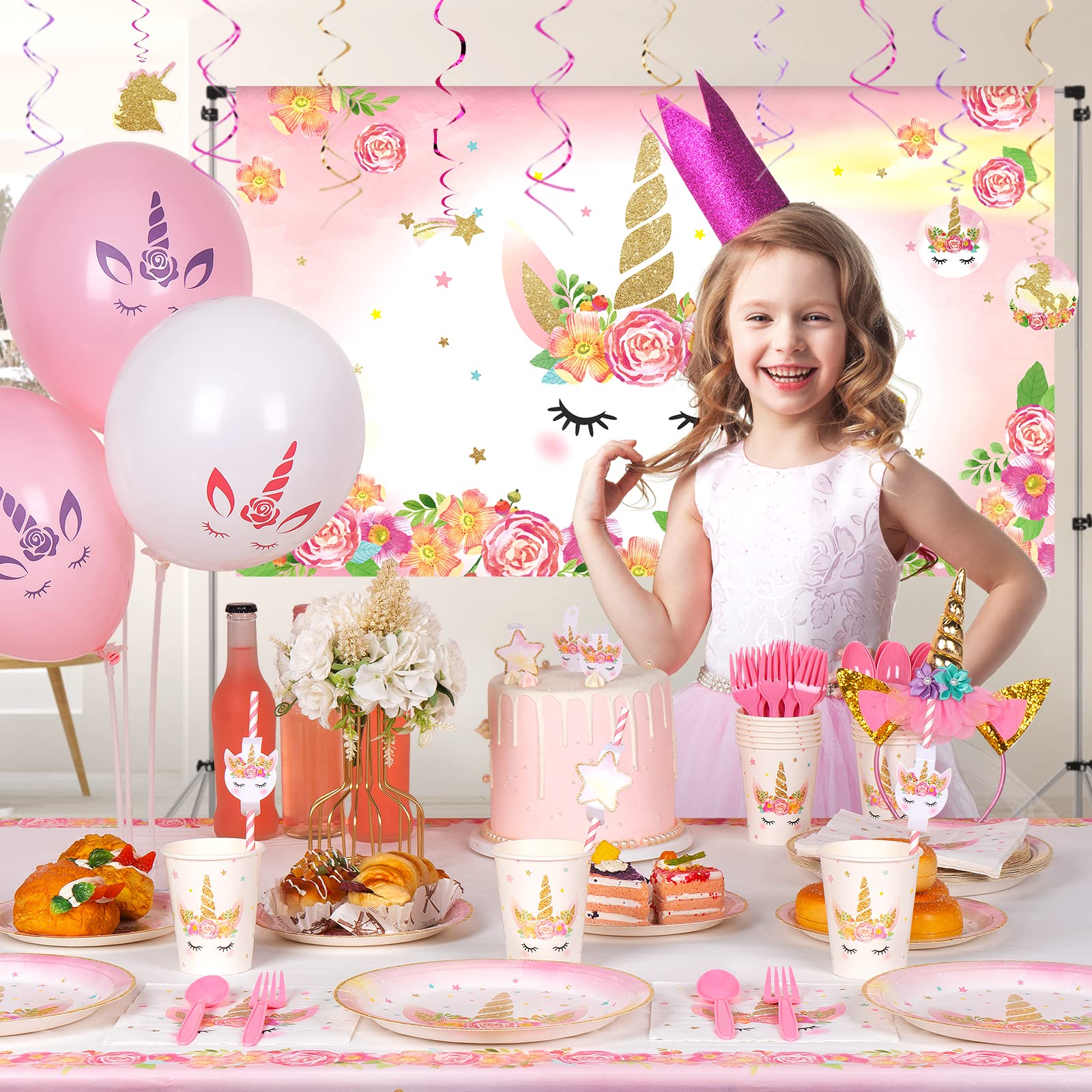 Ultimate Unicorn Birthday Decorations for Girls with Backdrop and Hanging Swirls, Plates and Napkins Party Supplies Serves 16