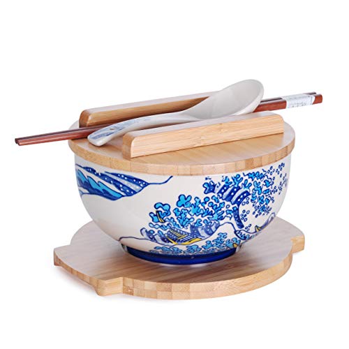 Hinomaru Collection Japanese Kamameshi Style Rice Noodle Bowl with Bamboo Lid Trivet Chopsticks and Porcelain Spoon Bowl Set (Hokusai Wave)