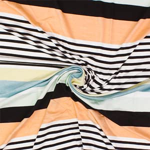 Girl Charlee Fabrics Black Pastel Cabana Stripes on White Cotton Jersey Spandex Blend Knit Fabric - by The Yard