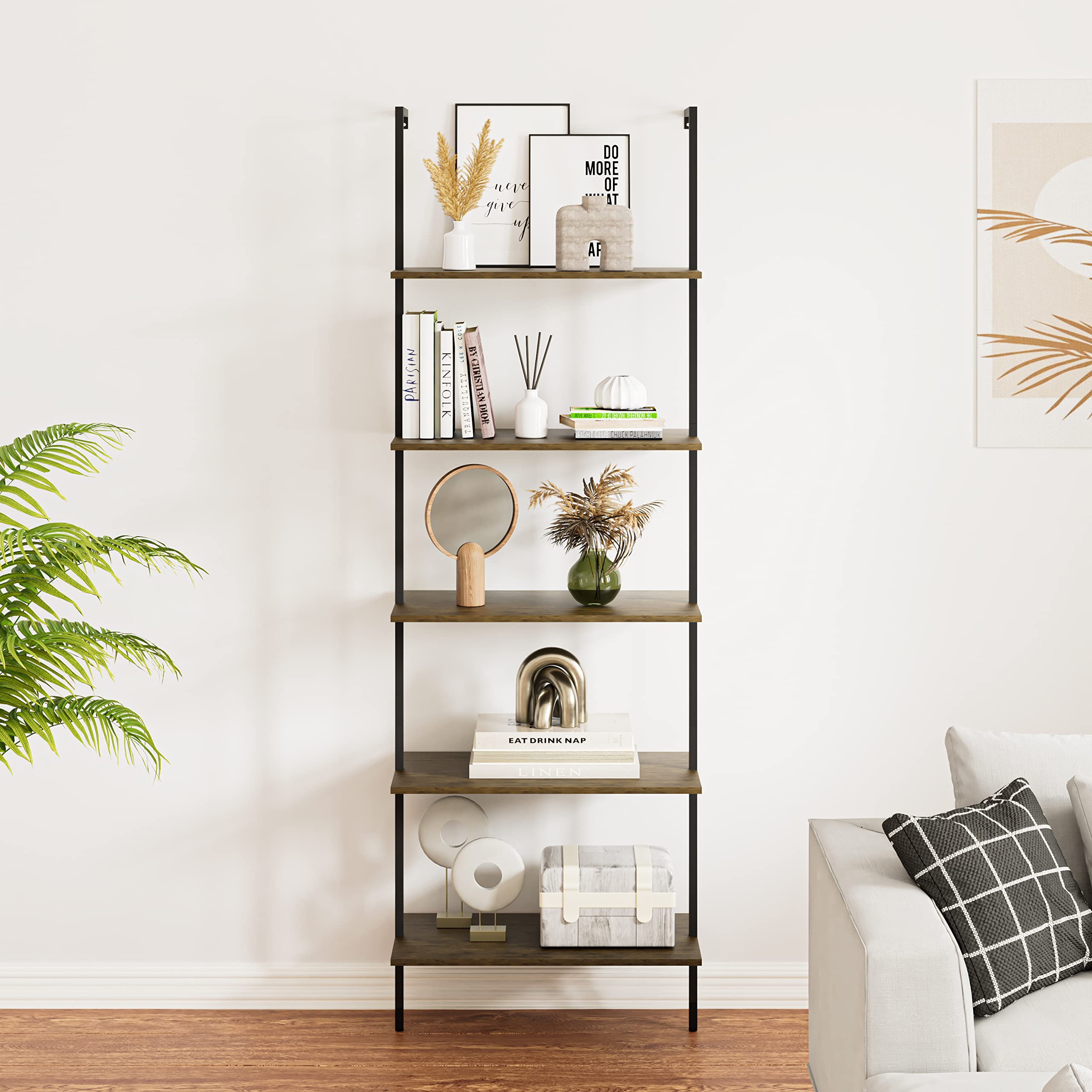 Wolawu 5 Tiers Ladder Shelf 2-Piece Black Modern Tall Bookshelf Open Large Tall Wall Mount Storage Bookcase Standing Leaning Wall Shelves Industrial Decorative