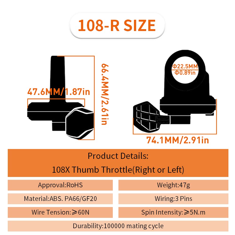 HUDAMZKY Ebike Thumb Throttle WUXING 108X Finger Throttle Left/Right Hand Electric Bike Scooter 3pin Controller Speed Governing Eletrric Accessories(108X R Waterproof Plug)
