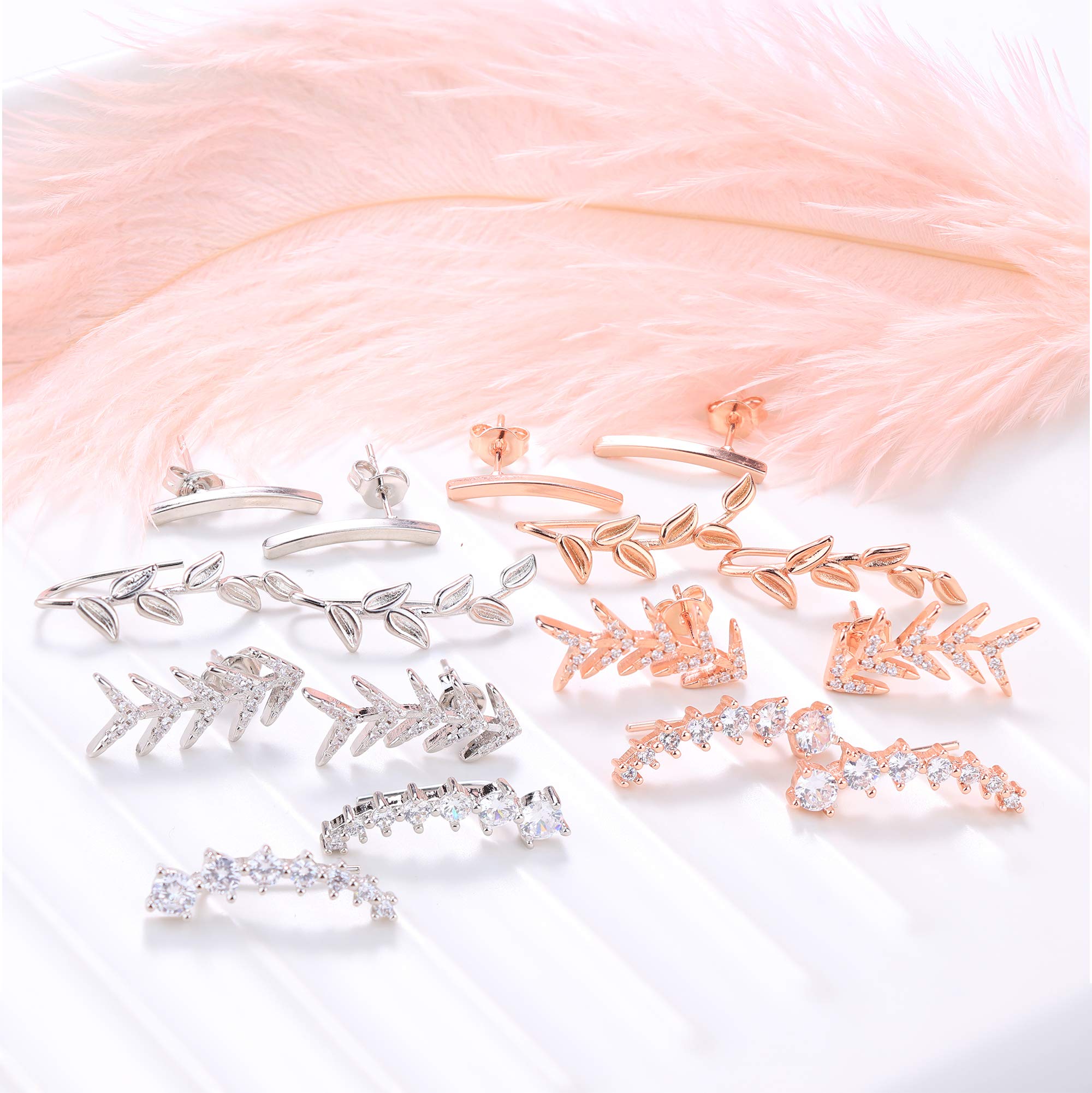FUNRUN JEWELRY 8 Pair Ear Cuff Hoop Climber Earring CZ Arrow Leaf Crawler Earring Set for Women Ear Jacket