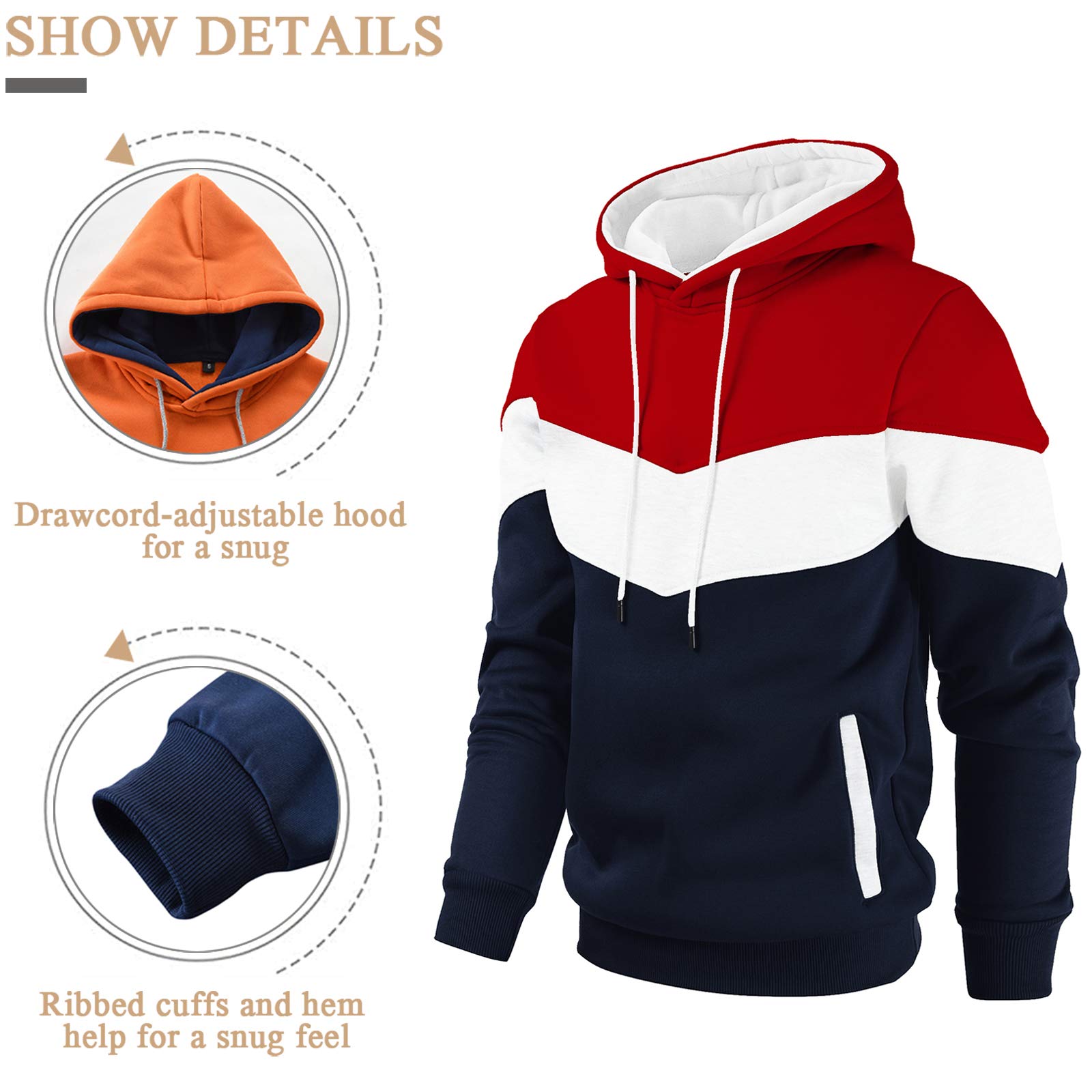 Gesean Men's Novelty Color Block Pullover Fleece Hoodie Long Sleeve Casual Sweatshirt with Pocket Red Large