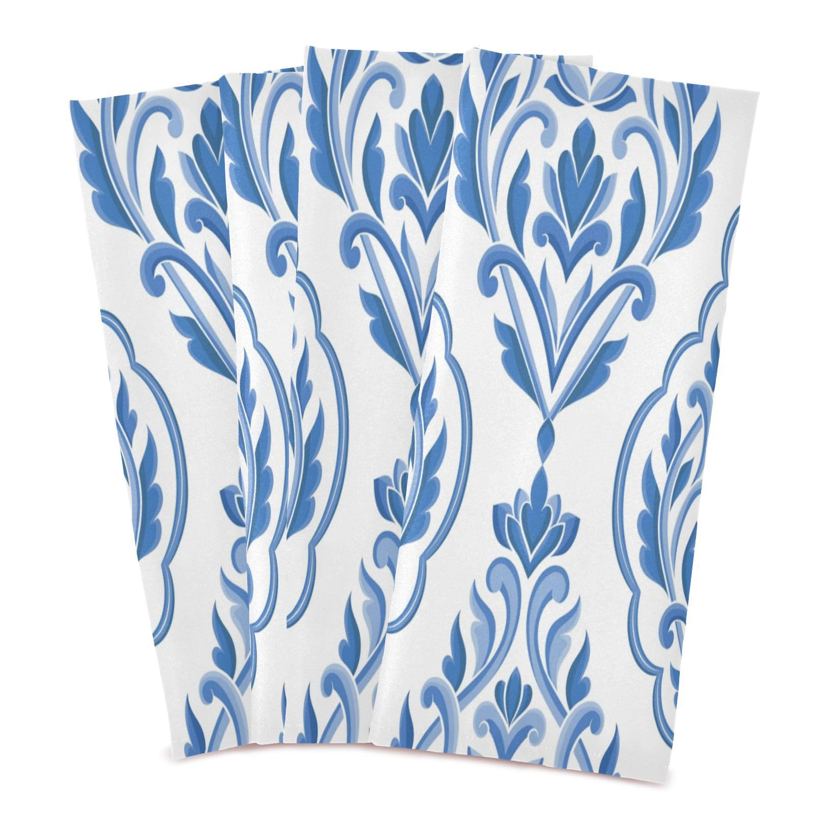 Kigai Blue White Damask Pattern Kitchen Towels, 18 x 28 Inch Super Soft and Absorbent Dish Cloths for Washing Dishes, 4 Pack Reusable Multi-Purpose Microfiber Hand Towels for Kitchen