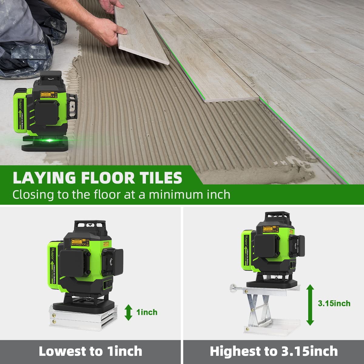 Huepar Multi-Line Laser Level-Four Vertical and One 360° Horizontal Lines with Plumb Dot, Green Cross Line Self-leveling Laser Tool -Rotating Base, Lifting Base, 2 Li-ion Battery&Hard Carry Case LS41G