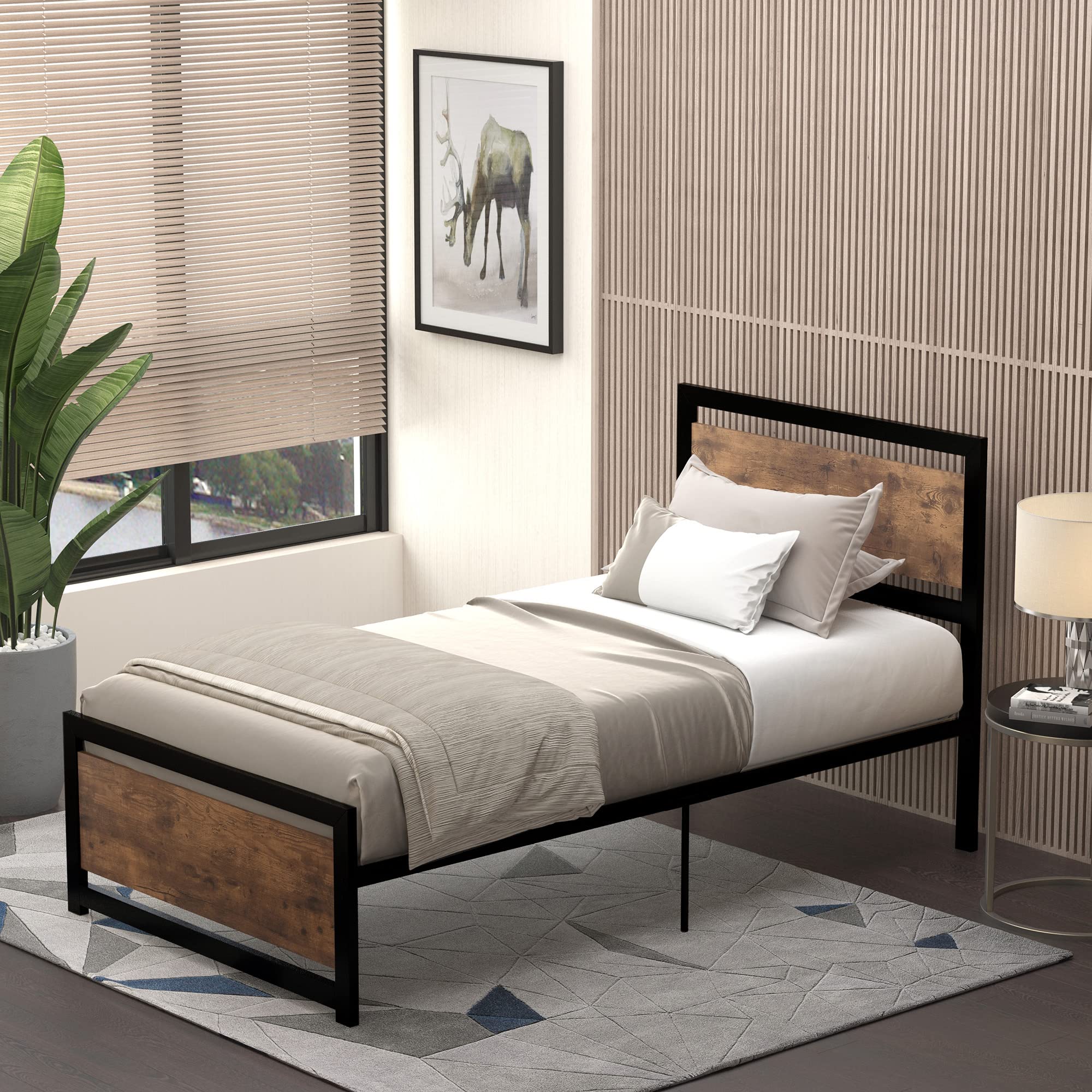 HOMCOM Single Platform Bed Frame with Headboard & Footboard, Strong Metal Slat Support Solid Bedstead Base w/Underbed Storage Space, No Box Spring Needed, 41.75'' x 76.75'' x 40.5''