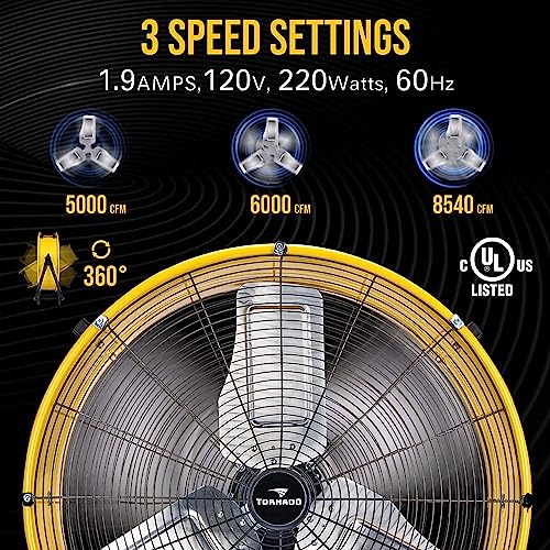Tornado - 24 Inch High Velocity Heavy Duty Tilt Metal Drum Fan Yellow Commercial, Industrial Use 3 Speed 8540 CFM
