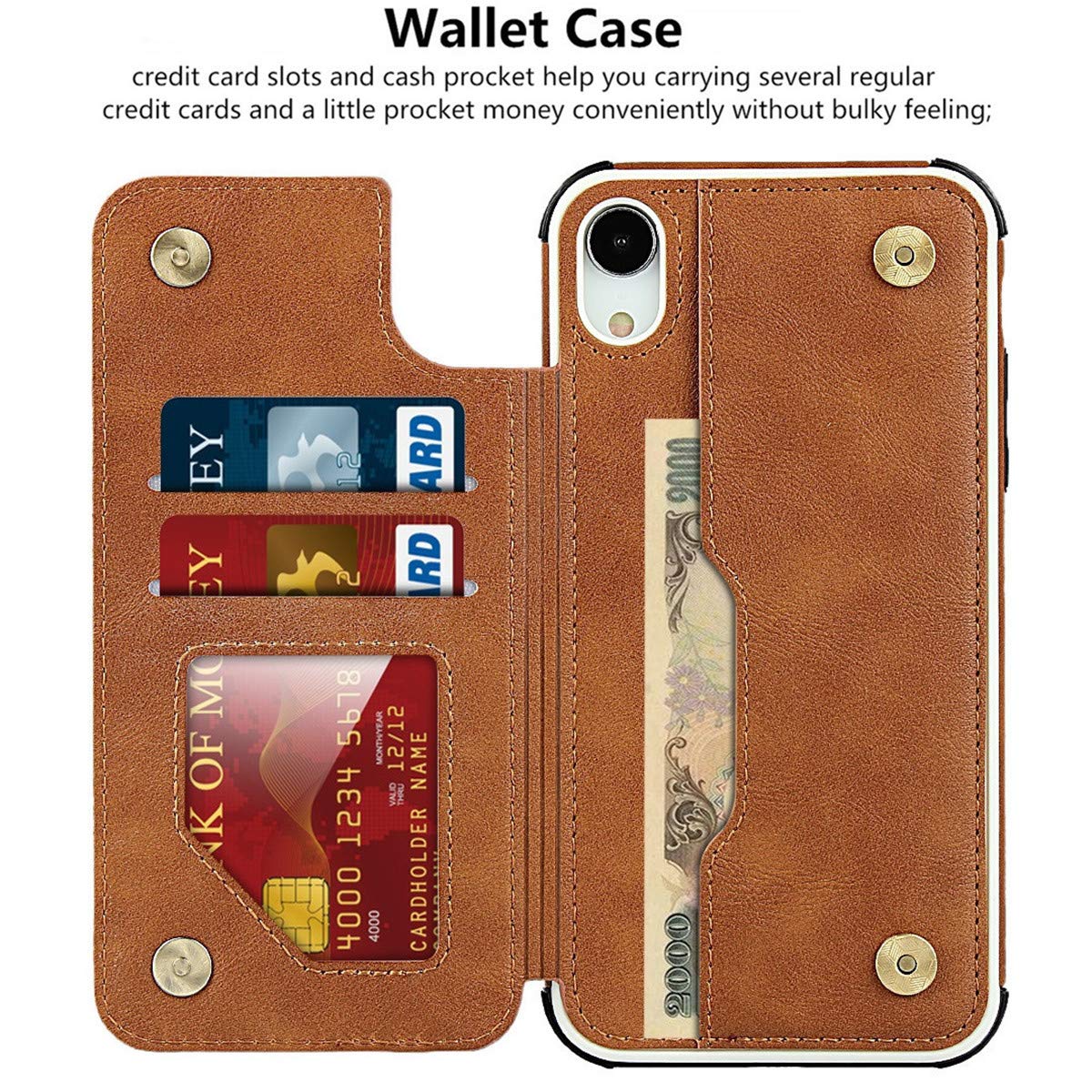 iCoverCase Wallet Case, with Card Slots Holder and Wrist Strap PU Leather Kickstand Double Magnetic Clasp Shockproof Cover Case for iPhone XR 6.1 Inch (Khaki)