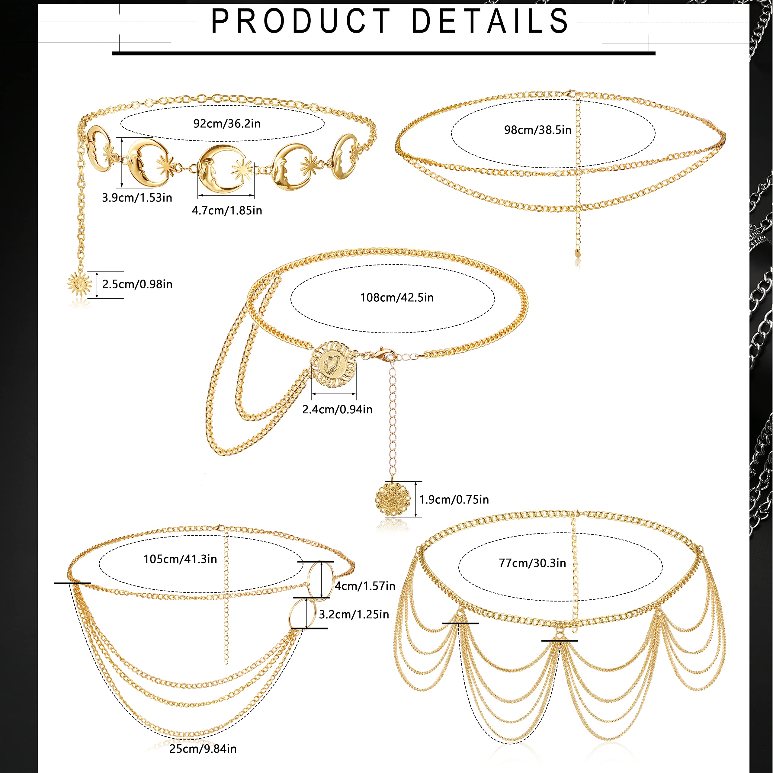 HAIAISO 5PCS Belly Waist Chain Multi-layer Metal Waist Chain Adjustable Body Link Belts Summer Bikini Sexy Waist Body Chain Jewelry for Women(Gold)