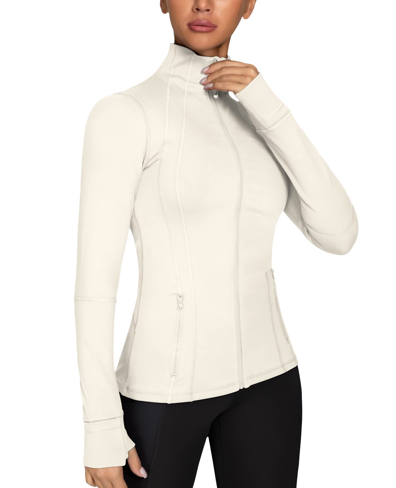 GYM RAINBOW Women's Lightweight Running Jackets Cottony-Soft 4-Way Stretch Zip up Slim Fit Workout Yoga Athletic Jacket(A-Ivory White,Large)