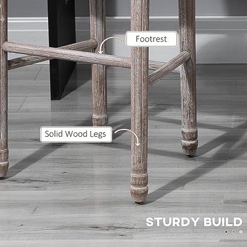 HOMCOM Solid Wood Bar Stools Set of 2, French Country Barstools, Bar Height Chairs with Upholstered Seating and Footrest, 29.5" Seat Height, Beige