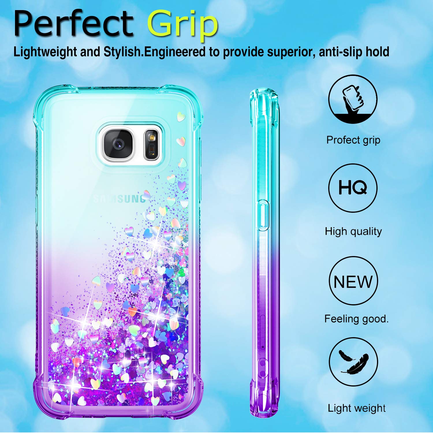 Gritup Samsung Galaxy S7 Edge Case, Samsung S7 Edge Case with HD Screen Protector, Girls Women Cute Gradient Liquid Glitter Bling Four-Corner Protective Soft TPU Case for Galaxy S7 Edge, Teal/Purple