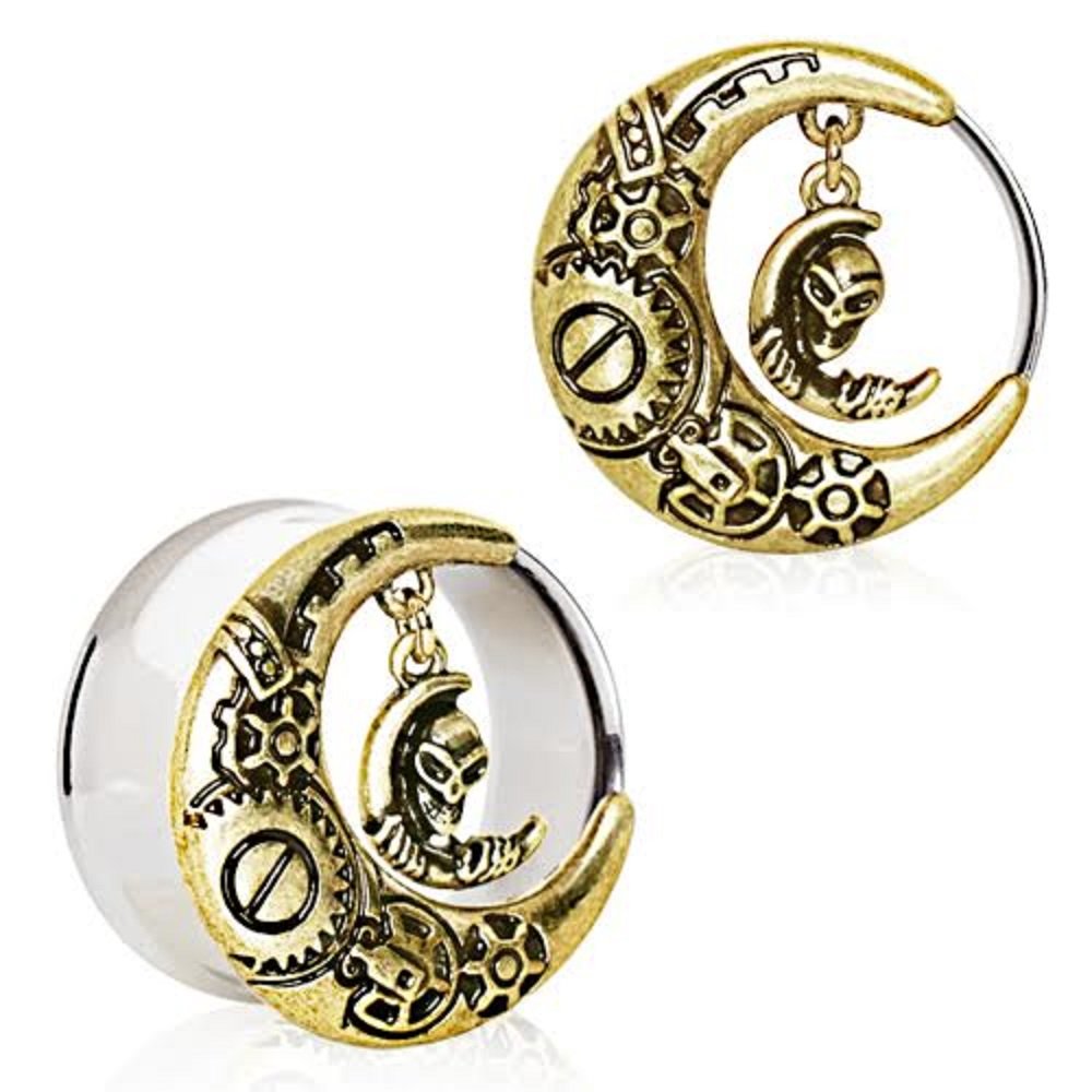 Gold Plated Steam Punk Crescent Moon Tunnel WildKlass Plug with Alien Dangle (00GA)
