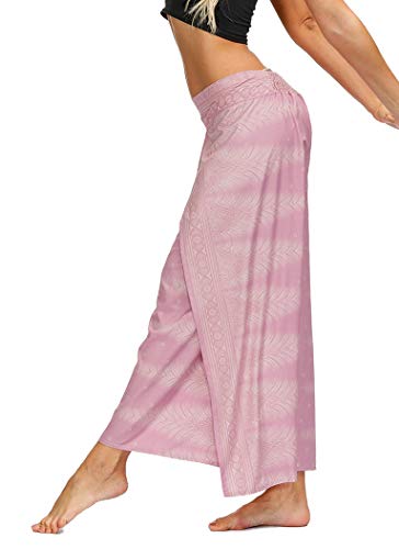 GLUDEAR Womens Palazzo Slit Wide Leg Pants Summer Casual Beach Boho Hippie Bohemian Pilate,Pink Feather,S/M