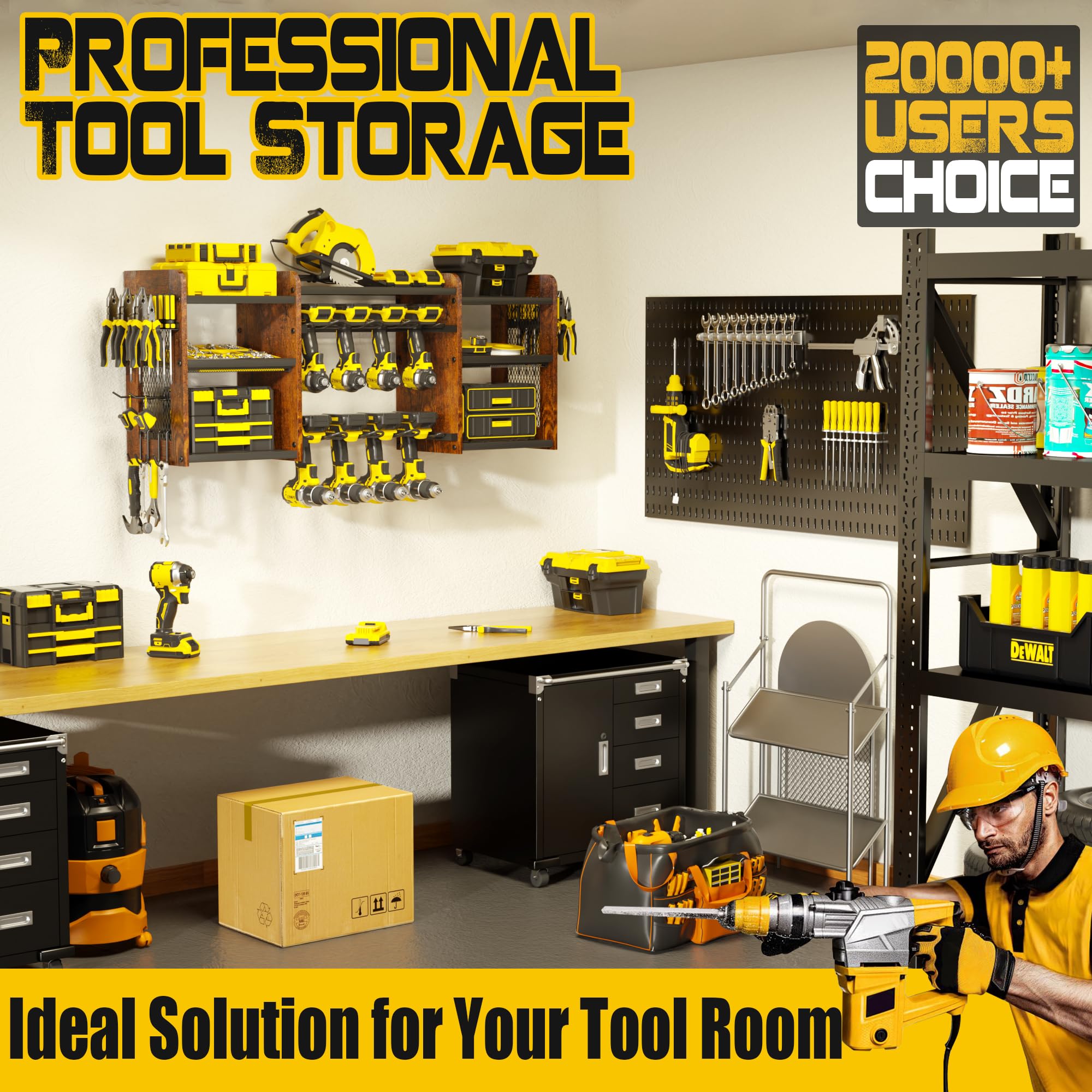 vimiroo Power Tool Organizer, 8 Drill Holder Wall Mount, 3 Layers Garage Tool Organizers and Tool Storage Rack, Heavy Duty Metal Tool Shelf with Screwdriver Holder/Plier Holder/Hammer Holder