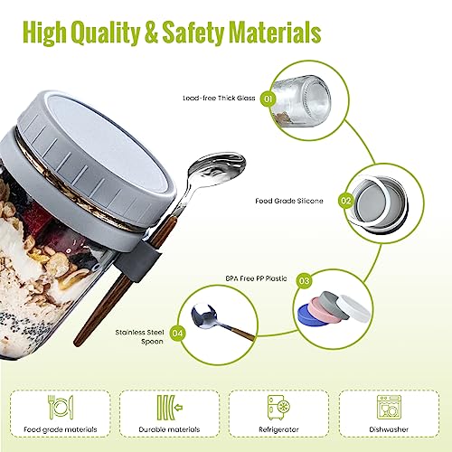 SNGKMSYG Overnight Oats Containers with Lids 2 Pack Mason Jars for Overnight Oats 12 oz Large Sealed Glass Meal Prep Container for Overnight Oats, Cereal, Yogurt, Milk, Salad with Measurement Marks