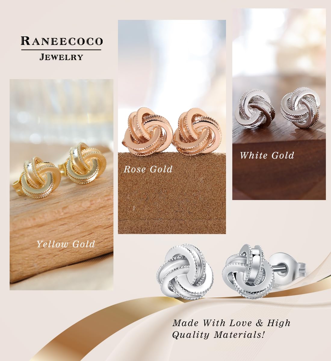 Gold Plated Sterling Silver Studs Love Knot Earrings For Women | Hypoallergenic & Nickle Free Jewelry for Sensitive Ears (10, white-gold-plated-silver)